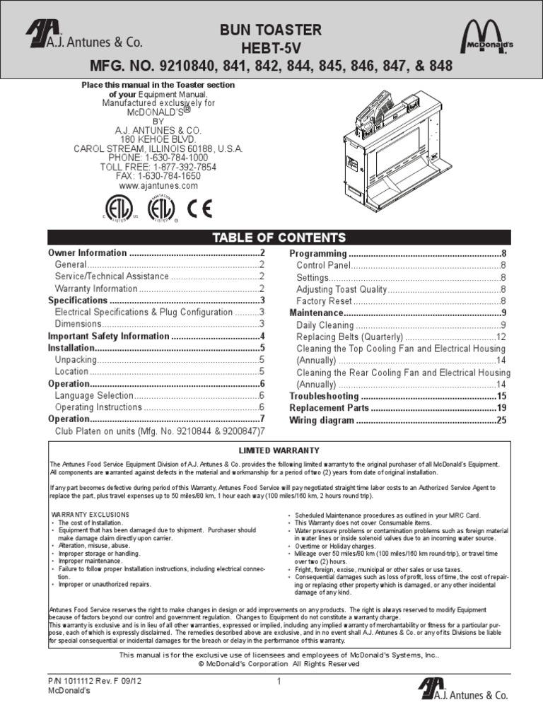 Bun Toaster Hebt-5V MFG. NO. 9210840, 841, 842, 844, 845, 846, 847 ...