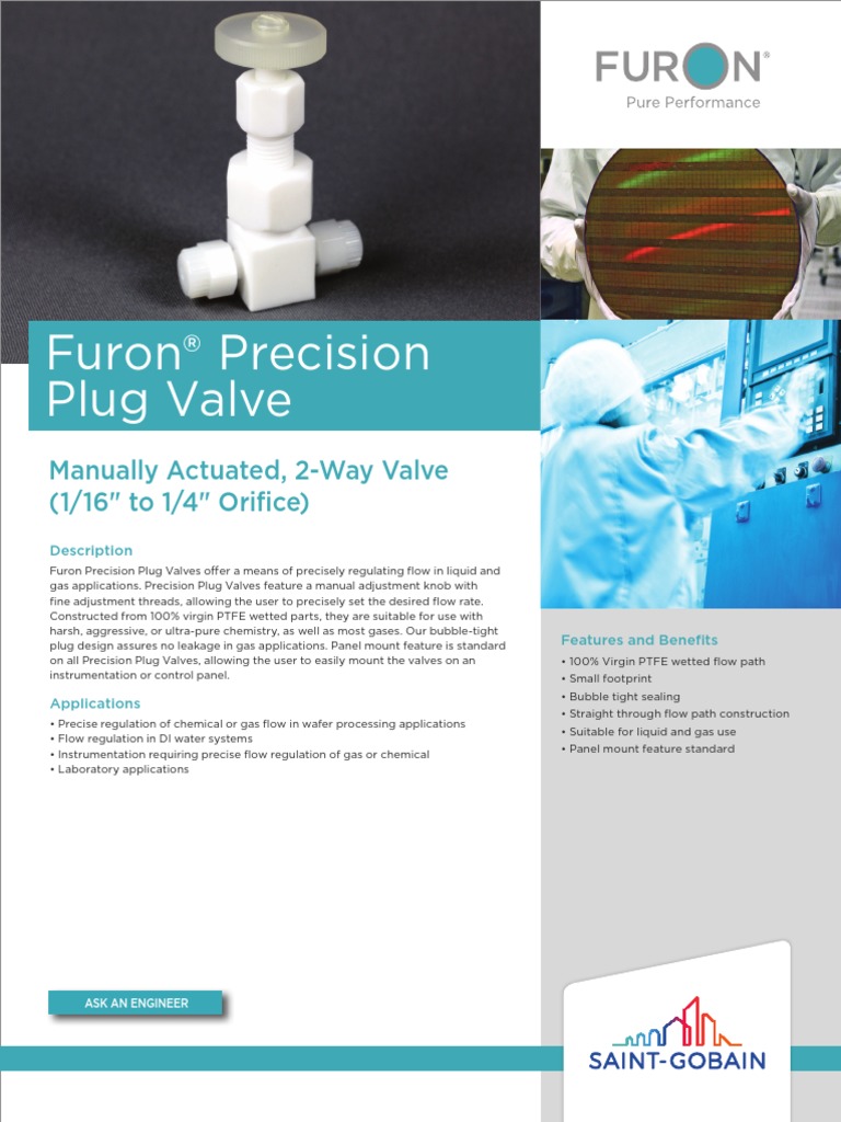Furon® Precision Plug Valve: Manually Actuated, 2-Way Valve (1/16" To 1 ...