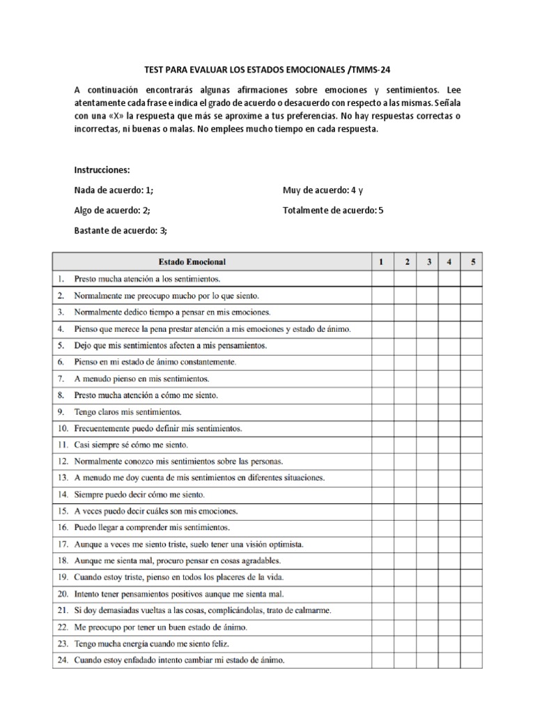 Test para evaluar los estados emocionales TMMS-24 | PDF