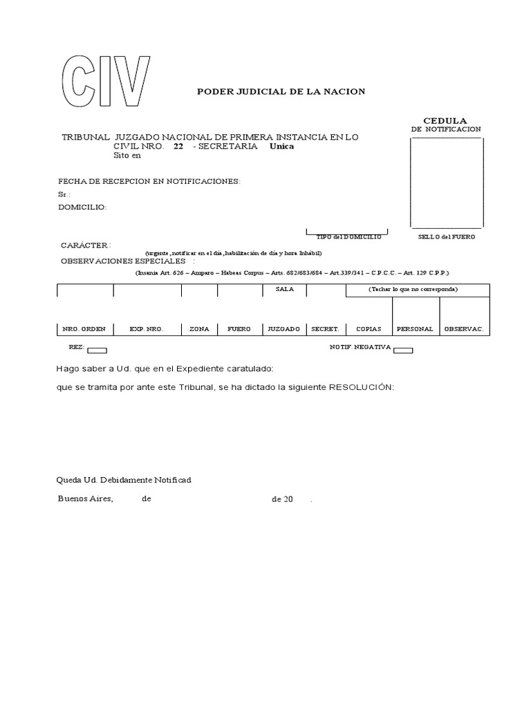 FORM Civil PJN Cedula Notificacion - Archivo Común | PDF | Judicaturas ... FORM Civil PJN Cedula Notificacion - Archivo Común | PDF | Judicaturas ...