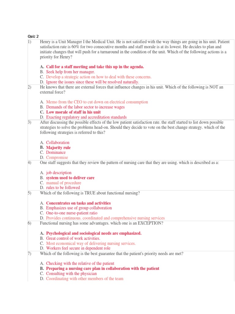 Principles of MNGT Quizzes | PDF | Leadership | Nursing