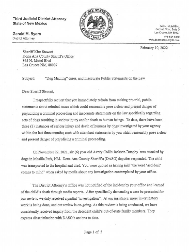 DA Letter To Sheriff - Dog Mauling Statements | PDF