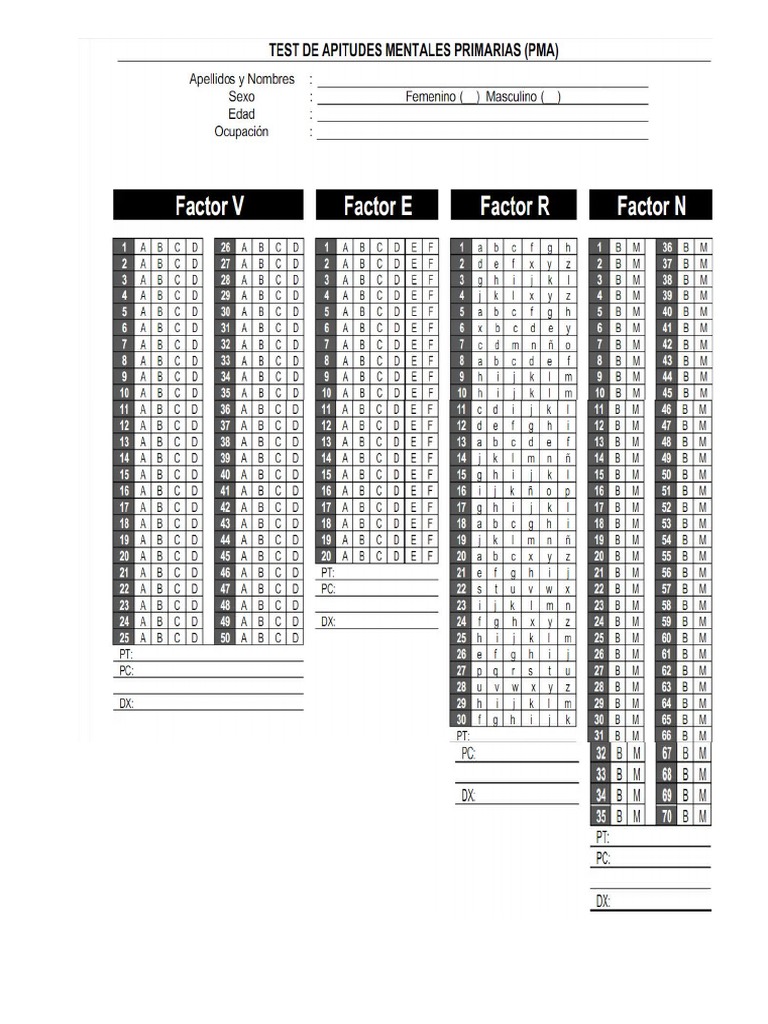 Prueba PMA Hoja de Respuestas | PDF