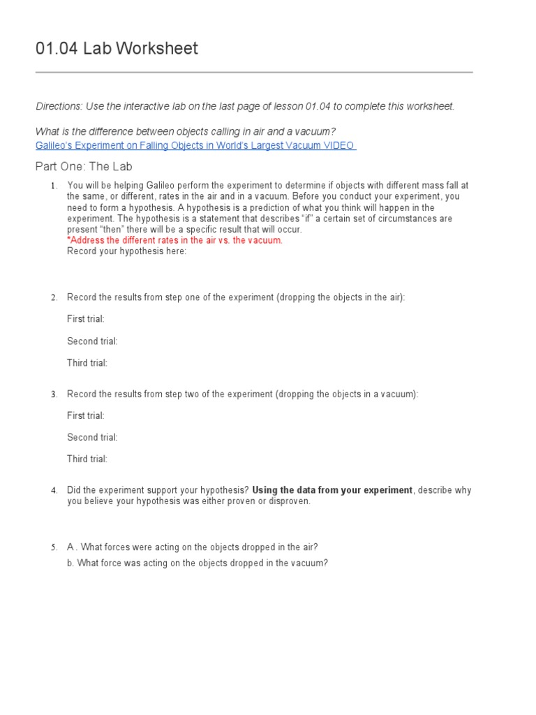 Galileo's Falling Objects Lab Worksheet | PDF
