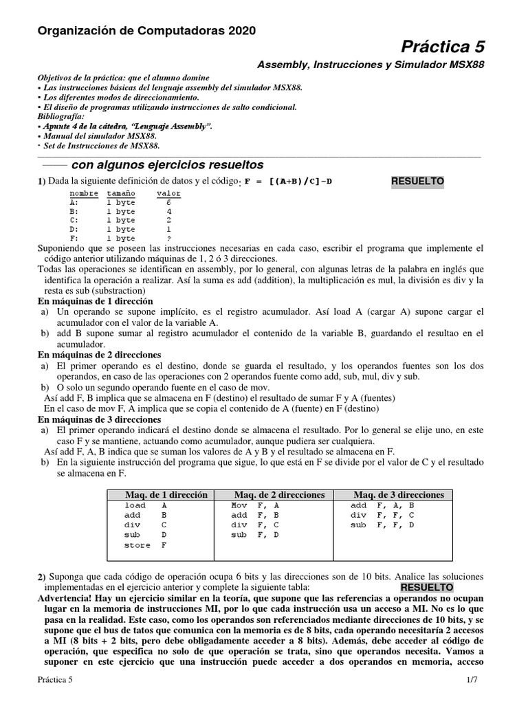 Práctica de Assembly en Simulador MSX88 | PDF | Poco | Programa de computadora