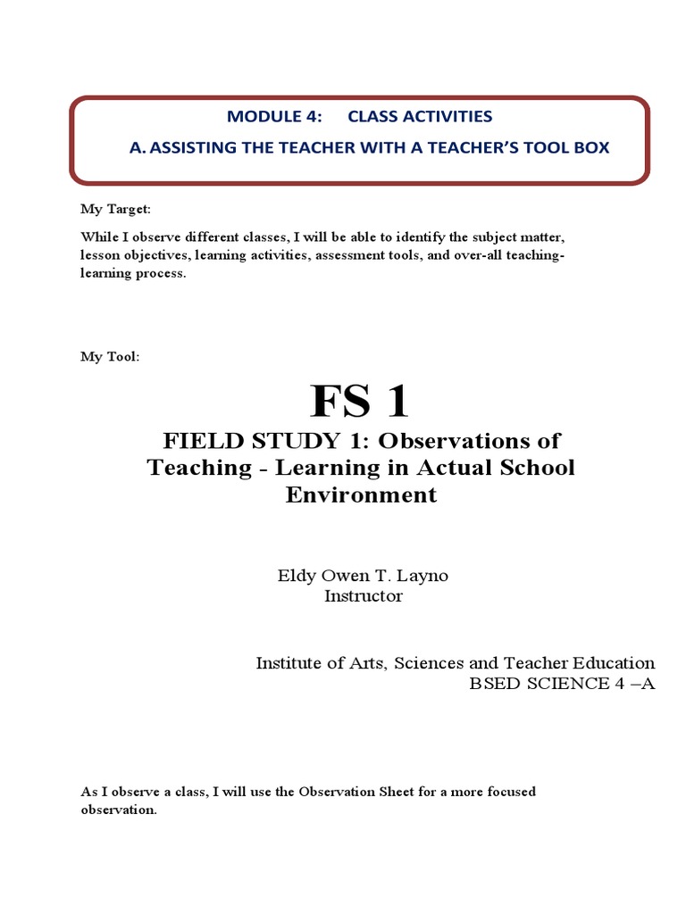 FIELD STUDY 1: Observations of Teaching - Learning in Actual School Environment | PDF ...