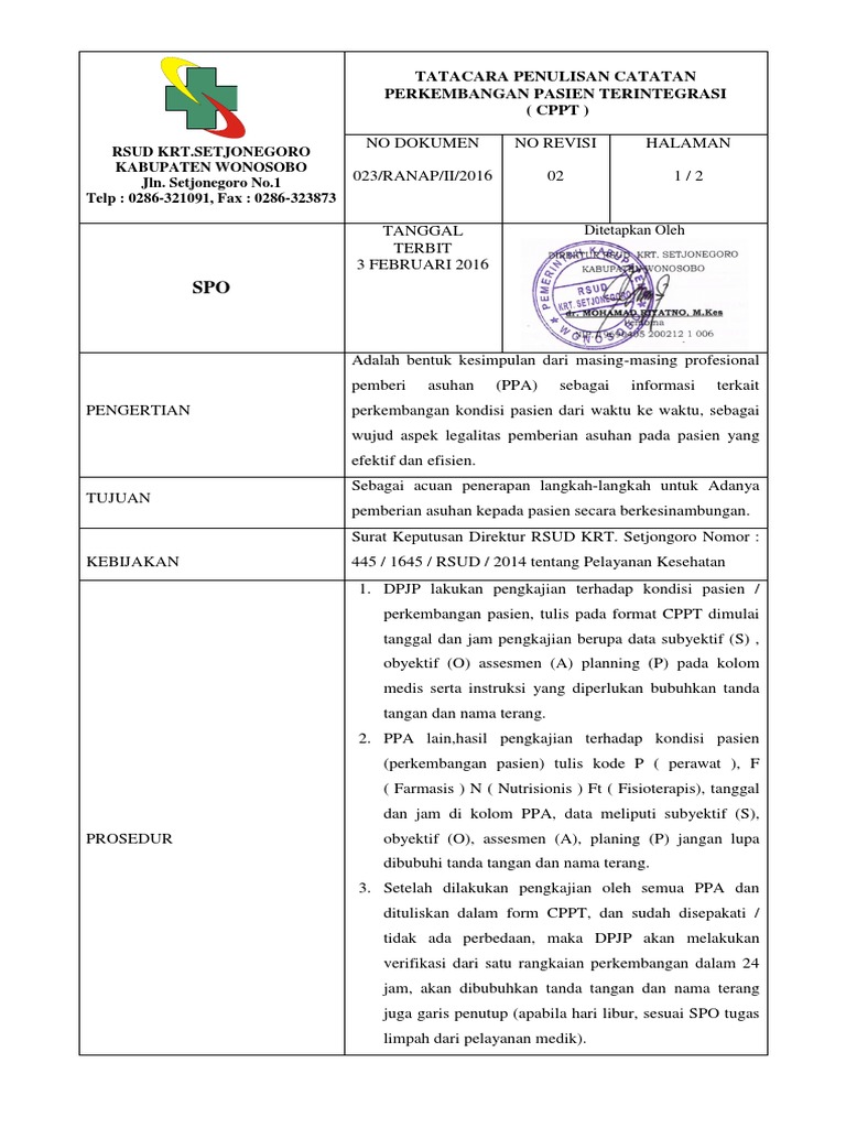 Spo Catatatan Perkembangan Pasien Terintegrasi (CPPT) | PDF