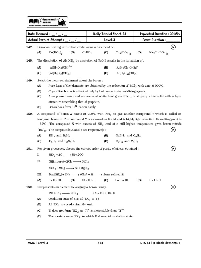 P-Block Elements - Level-3 - DTS-13 | PDF | Boron | Aluminium