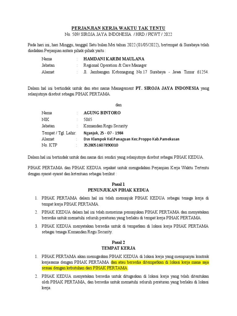 PKWT Siroja Jaya | PDF | Hukum