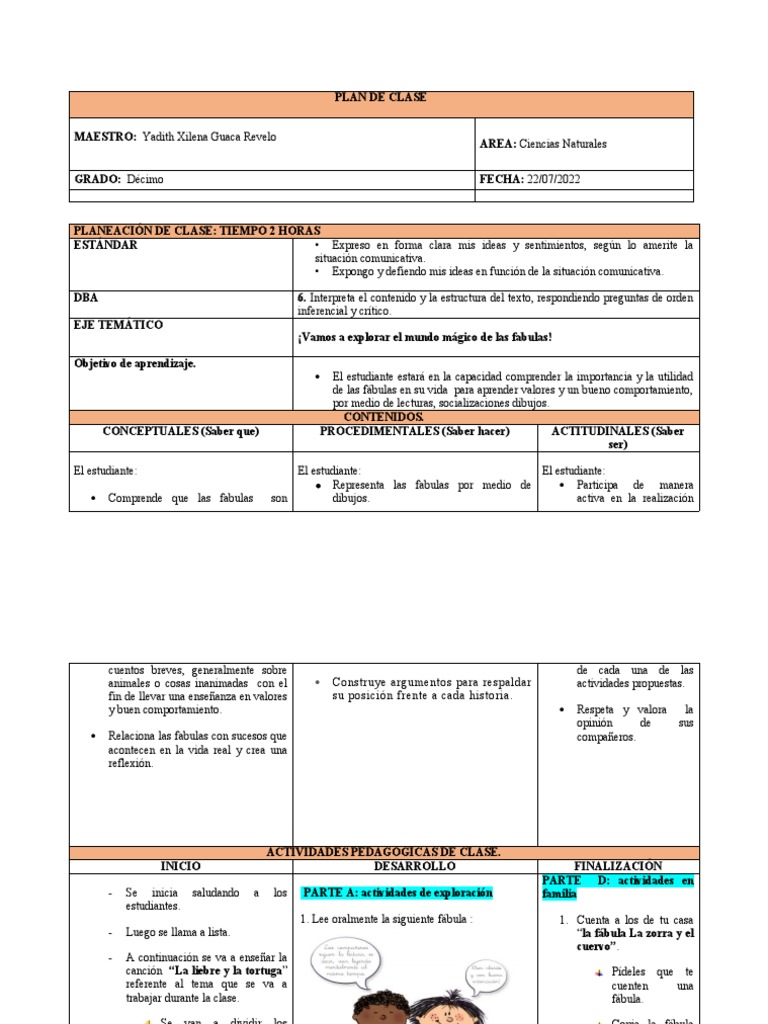 PLAN de CLASE Lengua Castellana Práctica Xilena Listo | PDF | Fábula