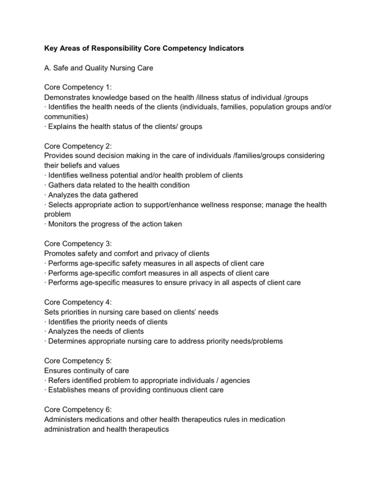 Key Areas of Responsibility Core Competency Indicators | PDF