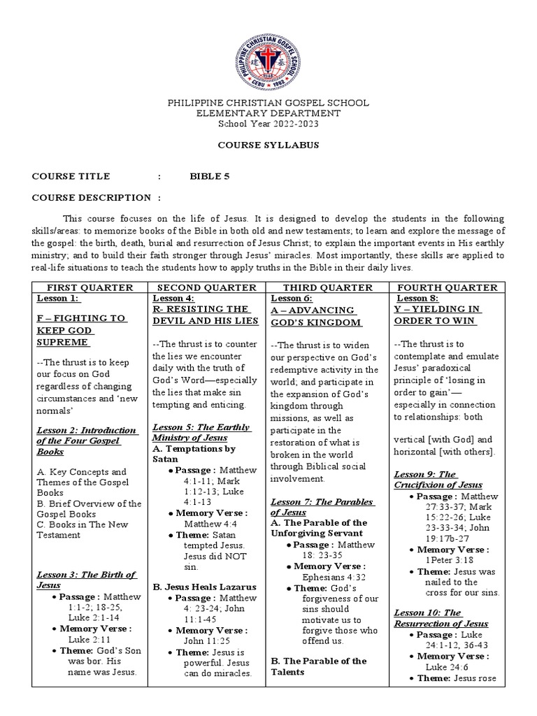 Bible 5 Course Syllabus SY 2022-2023 | PDF | Jesus | Gospel Of Matthew
