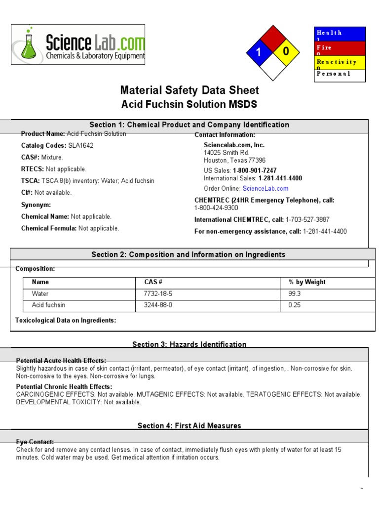Acid Fuchsin Solution MSDS Guide | PDF | Toxicity | Water