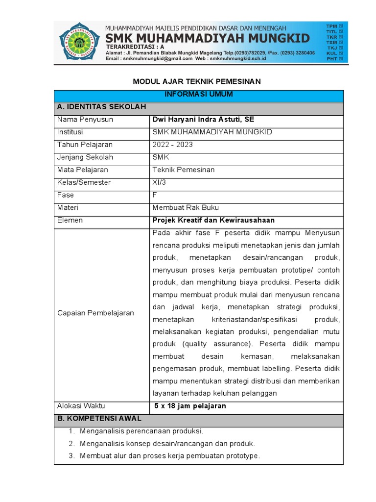 Modul Ajar Teknik Pemesinan: Membuat Rak Buku Melalui Project Based ...
