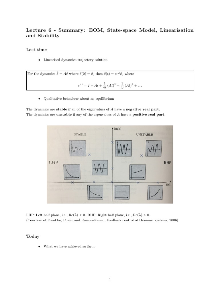 Lecture 6 - Summary: EOM, State-Space Model, Linearisation and Stability | PDF | Eigenvalues And ...