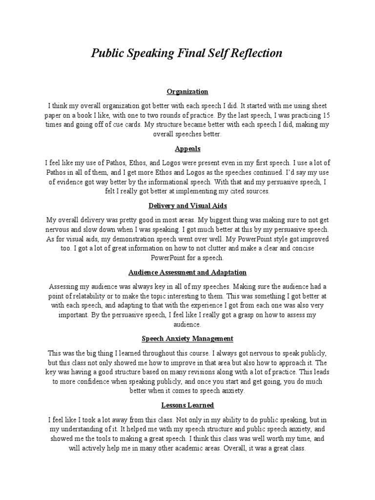 Public Speaking Self-Reflection Insights | PDF | Public Speaking | Rhetoric