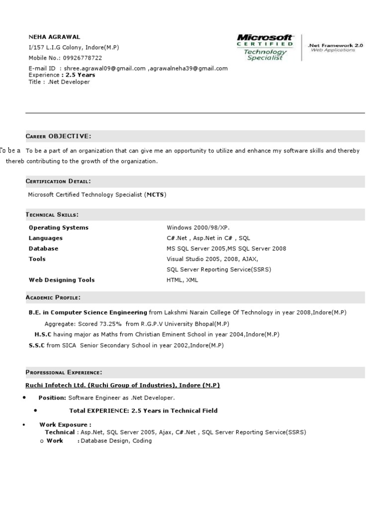 Neha Agrawal: .Net Developer Profile | PDF | Microsoft Sql Server ...