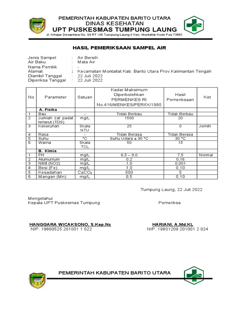 Hasil Pemeriksaan Sampel Air | PDF
