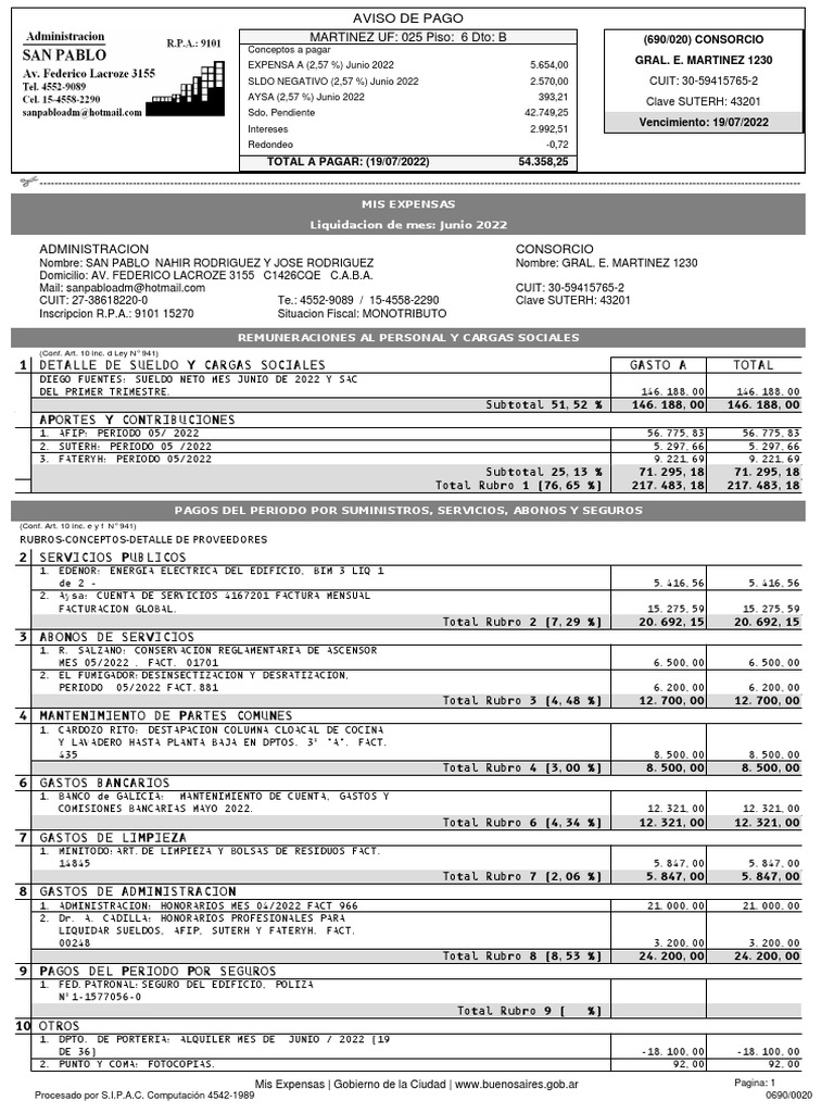 Mis Expensas Liquidacion de Mes: Junio 2022: MARTINEZ UF: 025 Piso: 6 Dto: B | PDF