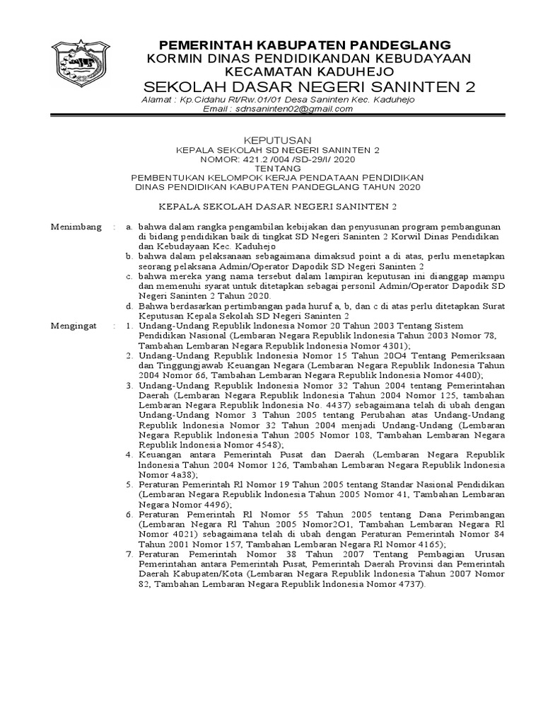 Contoh SK Operator Sekolah Dapodik | PDF