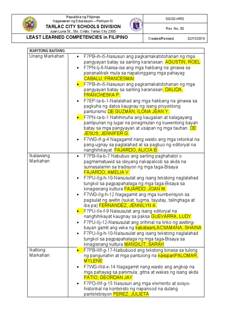 Least Learned Competency FILIPINO | PDF