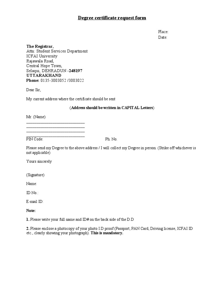 Degree Certificate Request Form | PDF