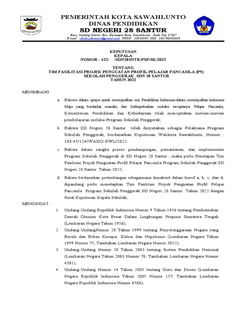 SK Tim Fasilitasi P5 SDN 28 Santur | PDF