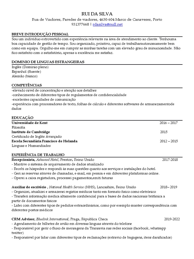 Rui Da Silva CV | Download grátis PDF | Informática