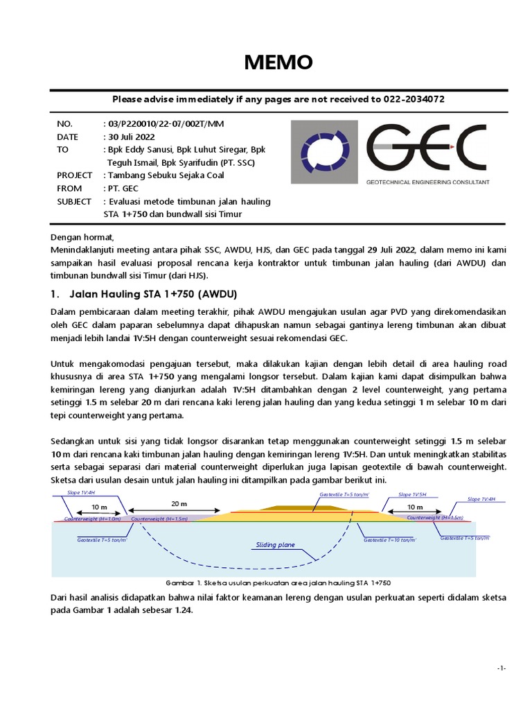 Memo 03 - Review Jalan Hauling STA 1+750 Dan Bundwall Sisi Timur | PDF