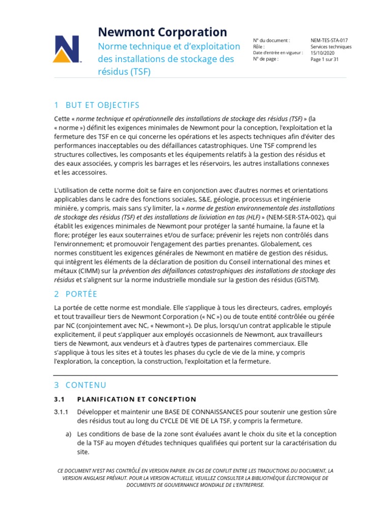 Norme TSF de Newmont Corporation | PDF | Analyse du cycle de vie | Risque