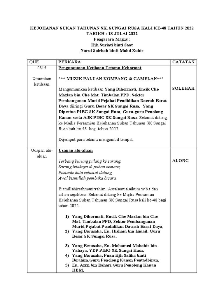 Teks MC Kejohanan Sukan Tahunan SKSR 202 | PDF