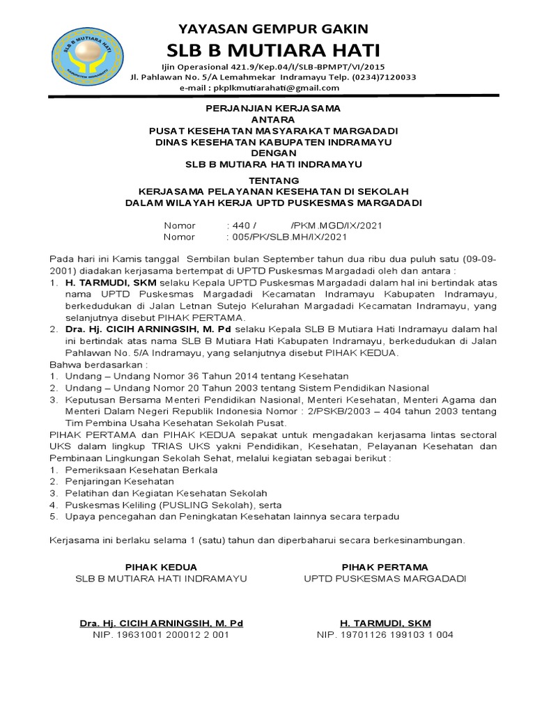 Kerjasama SLB B Mutiara Hati Dengan Puskesmas KOP MUTI | PDF