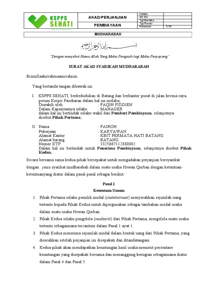 Surat Perjanjian Mudharabah | PDF