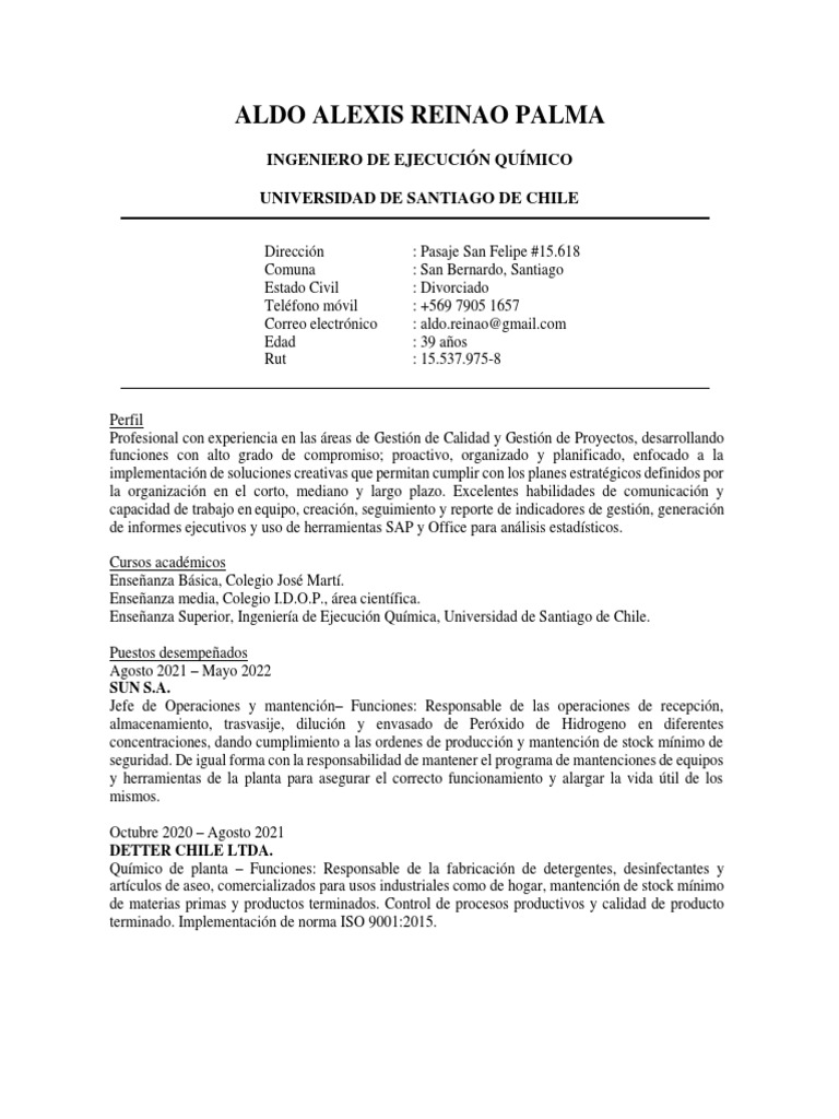 CV Aldo Reinao | PDF | Calidad (comercial) | Sistema de manejo de calidad