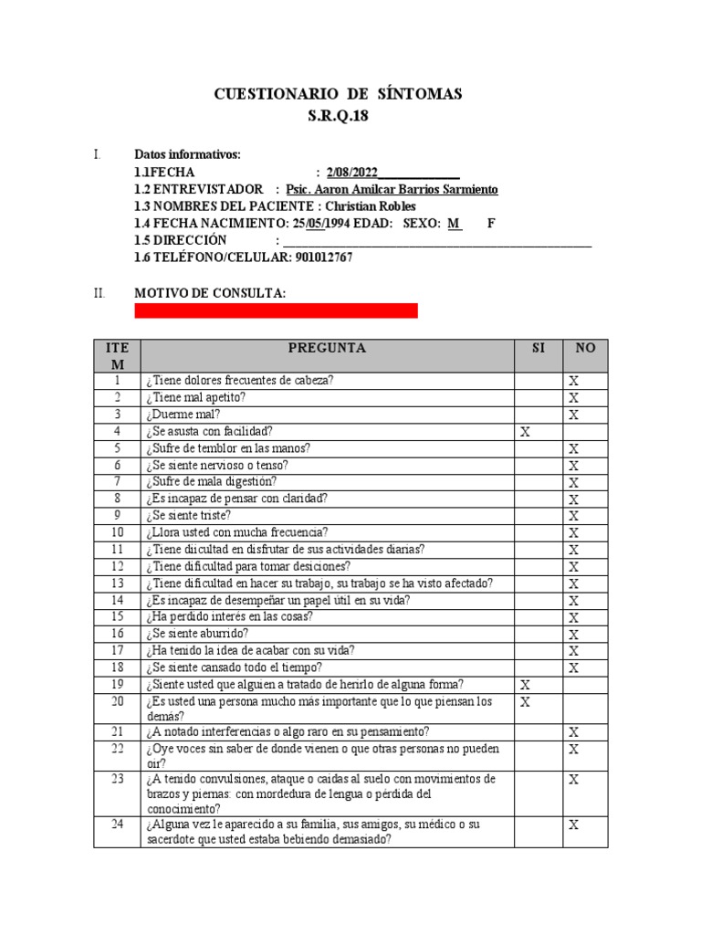 SRQ 18 | PDF | Enfermedades y trastornos | Medicina CLINICA