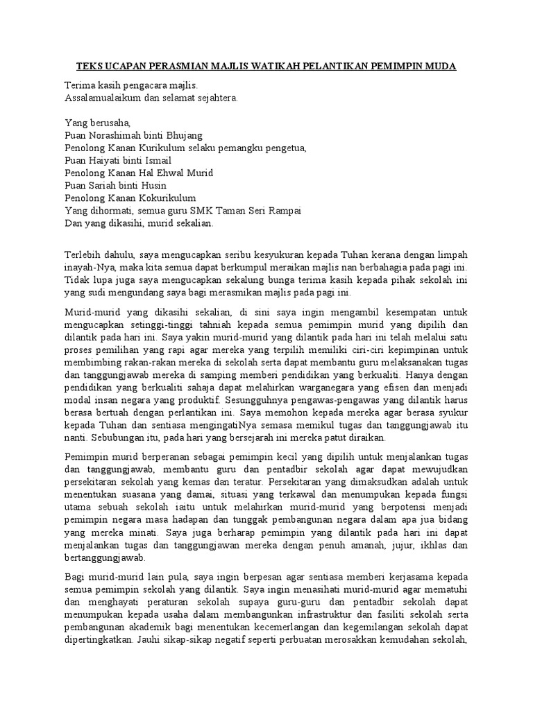 Teks Ucapan Perasmian Majlis Watikah Pelantikan Pemimpin Muda | PDF