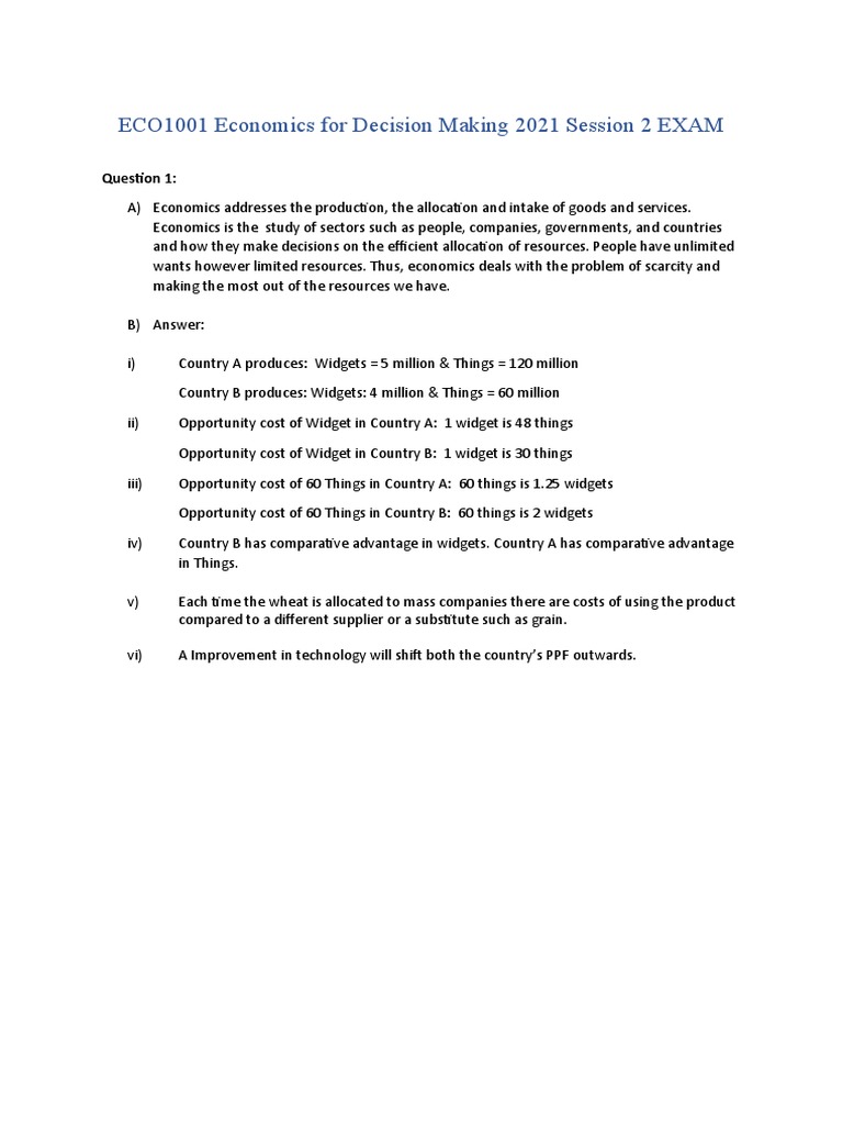 ECO1001 Economics For Decision Making 2021 Session 2 EXAM | PDF ...