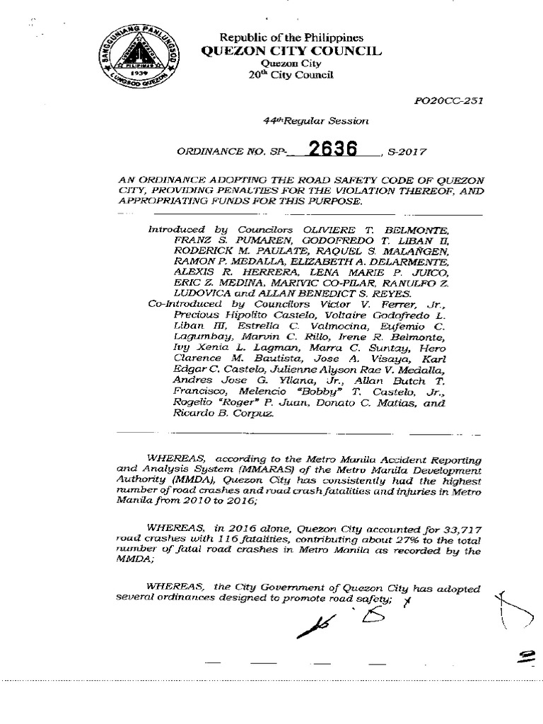 Road Safety Code Quezon Cityt sp-2636, s-2017-1 | PDF