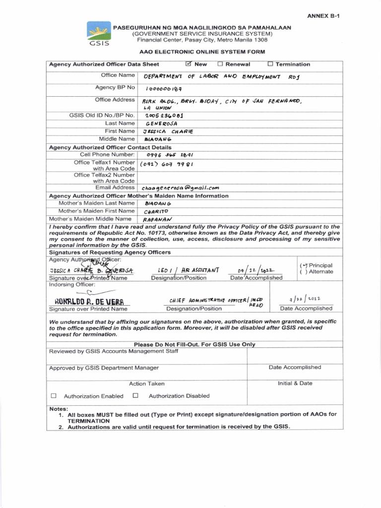 Gsis Aao Electronic Online System Form Pdf Information Technology Computing