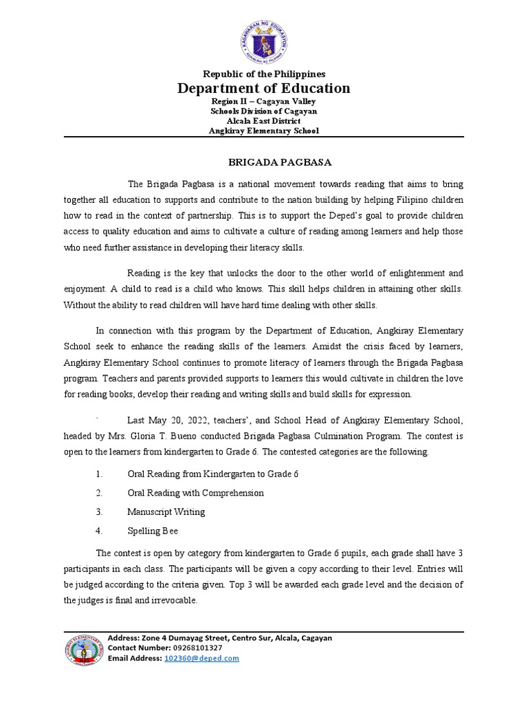 Narrative Report on Brigada Pagbasa Culmination | PDF | Literacy | Learning