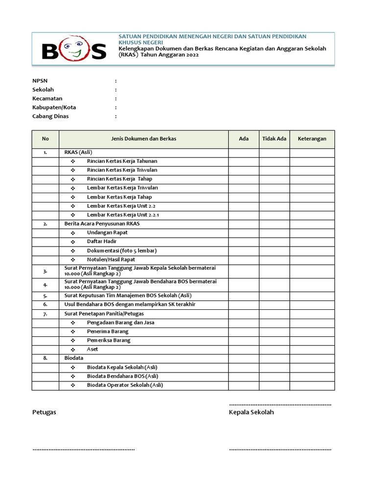 Daftar Ceklist Bos 2022 | PDF
