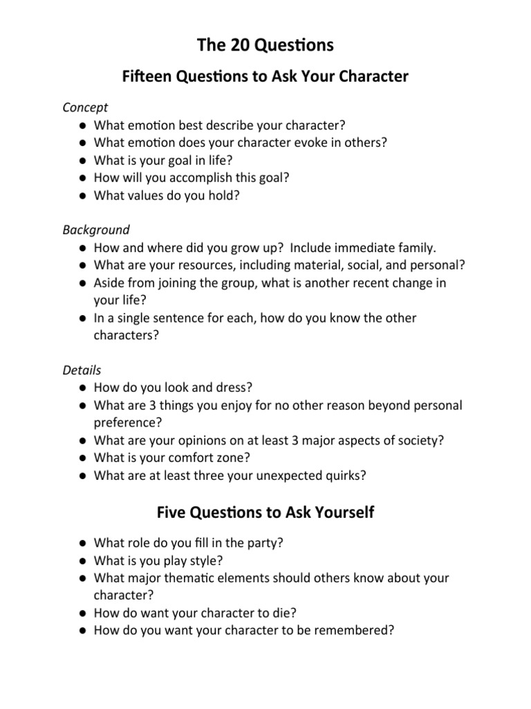 20 Questions for Character Development | PDF | Lifestyle