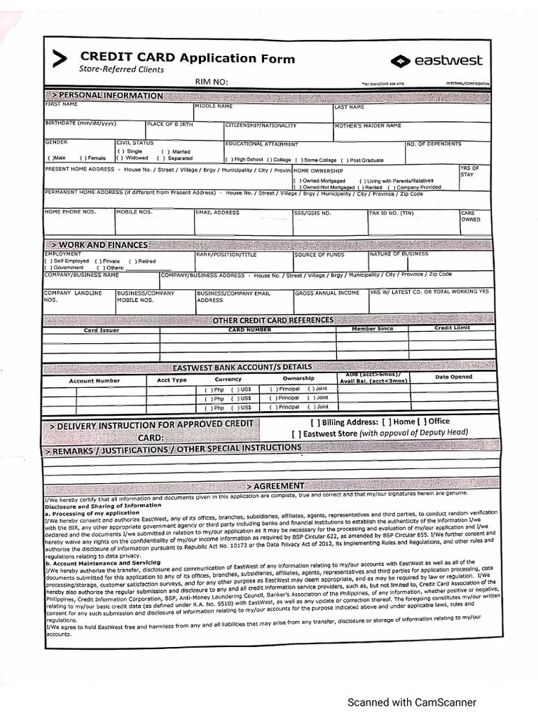 Eastwest Bank Credit Card Application Form | PDF