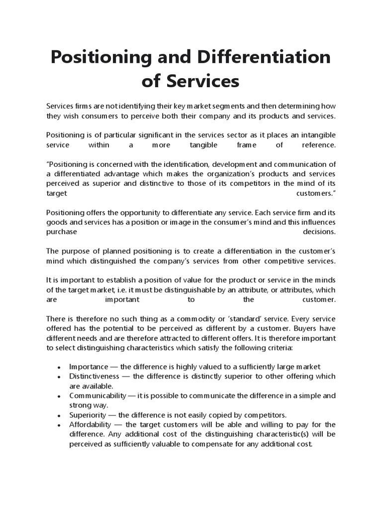Positioning and Differentiation of Services Notes | PDF | Product ...