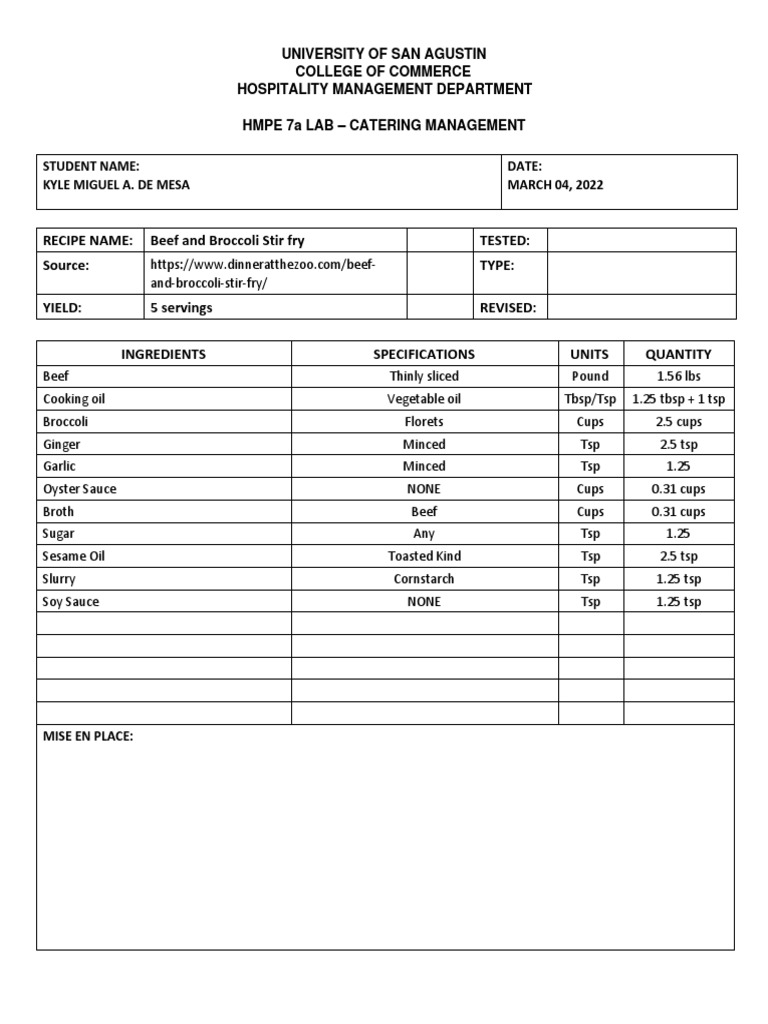 Recipe Name: Beef and Broccoli Stir Fry Tested: Source: Type: Yield: 5 ...