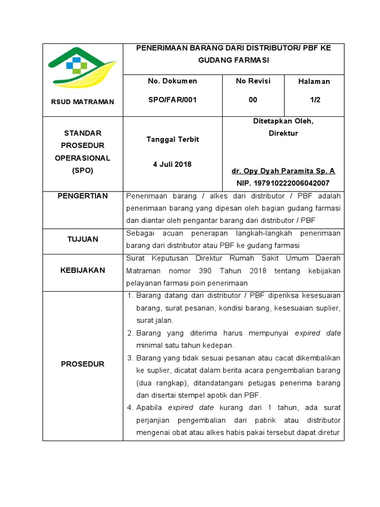 Spo Penerimaan Barang Dari Distributor PBF Ke Gudang Farmasi | PDF