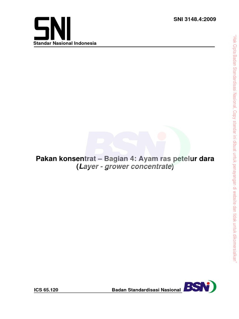 SNI 3148.4-2009 Pakan Konsentrat - Bagian 4 Ayam Ras Petelur Dara | PDF