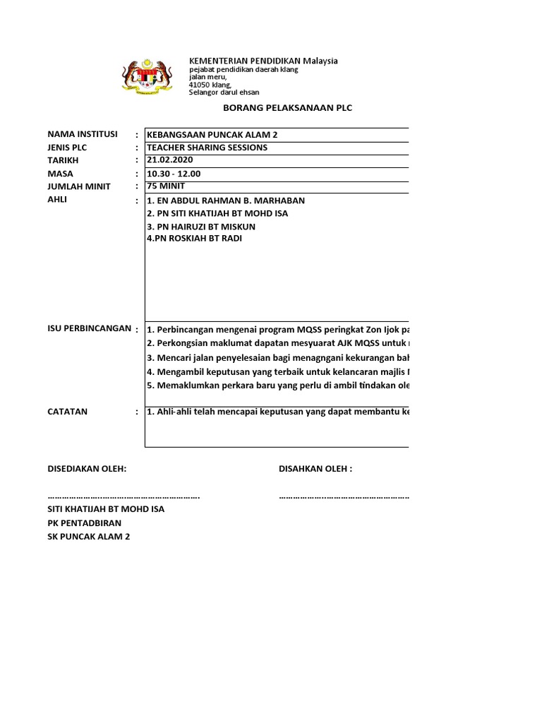 Borang Laporan PLC 2021 | PDF
