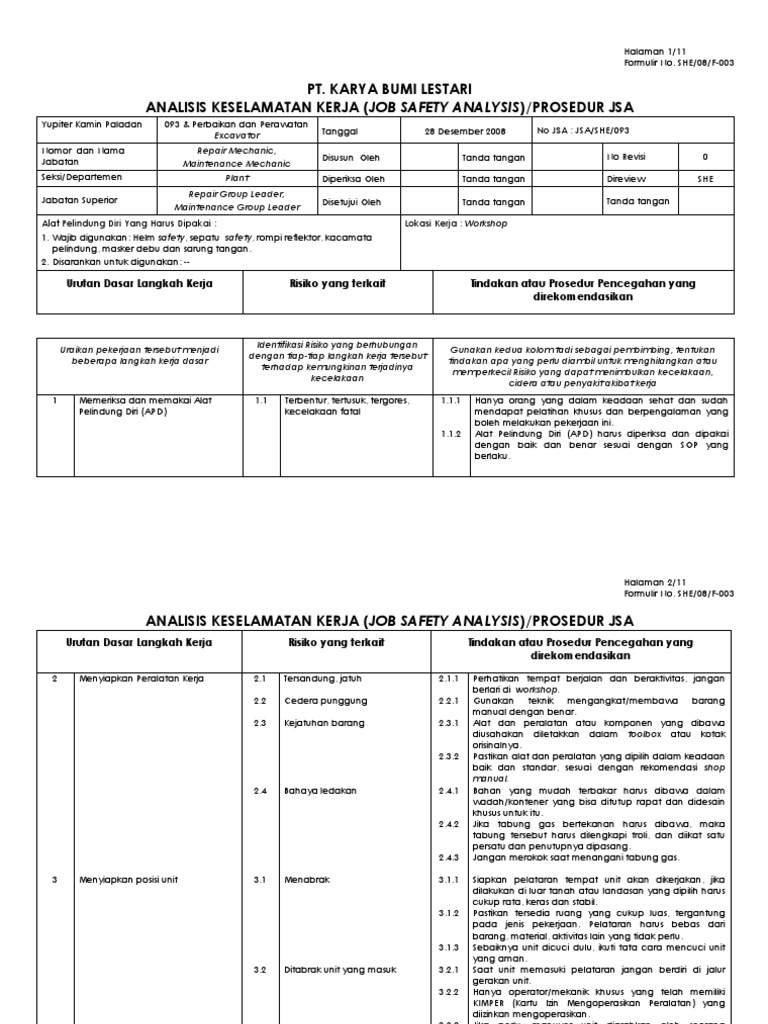 Contoh JSA untuk Alat Berat dan Excavator | PDF