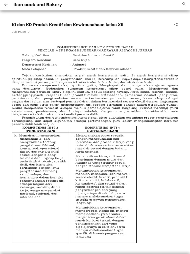 KI Dan KD Produk Kreatif Dan Kewirausahaan Kelas XII | PDF